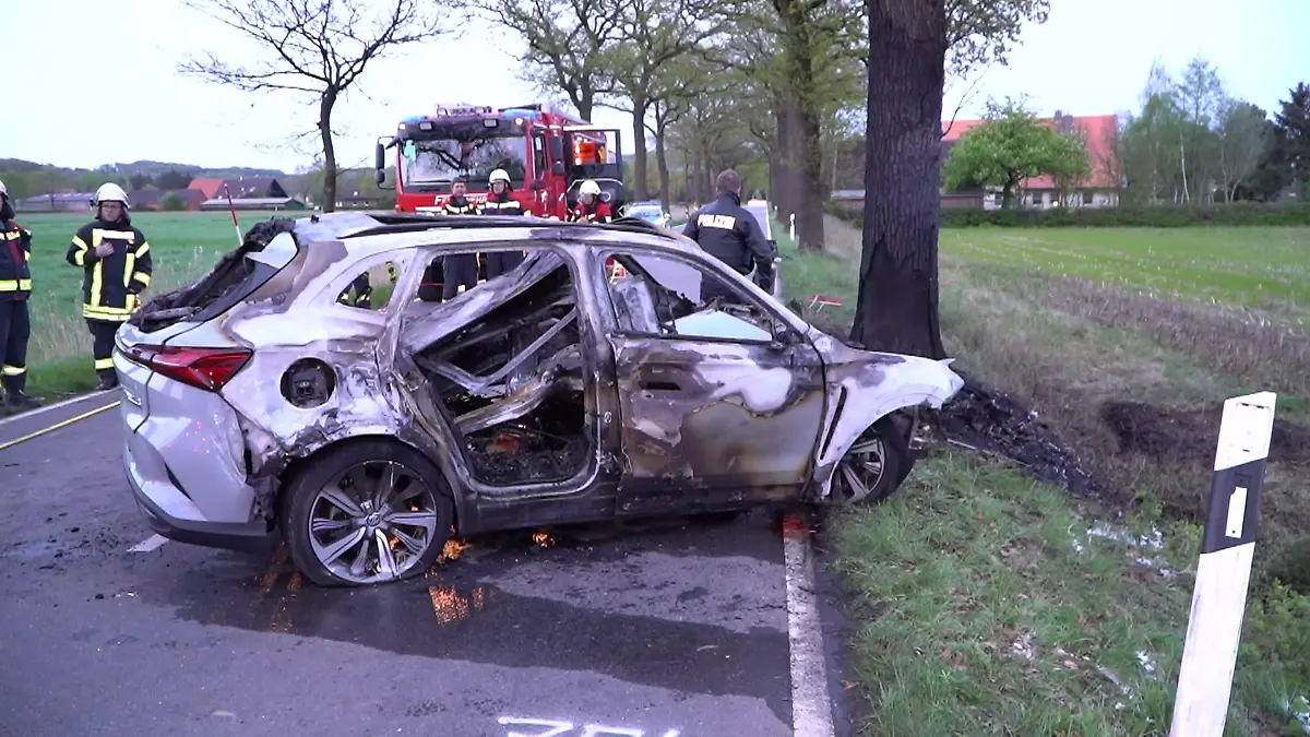 E-Auto kracht gegen Baum: Fahrzeug geht direkt in Flammen auf - zwei Tote!