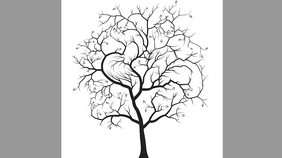 Suchbild! In diesem Baum verstecken sich fünf Tiere