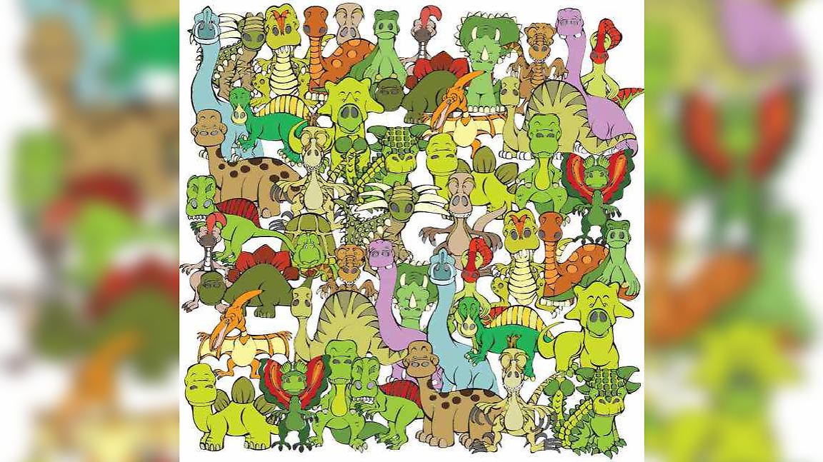 Wuseliges Dino-Suchbild: Wie schnell finden Sie die einzige Schildkröte?